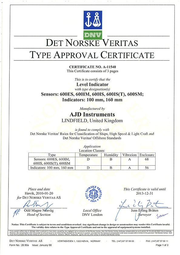 Type Approval Certificates, DNV, Bureau Veritas | AJD Instruments